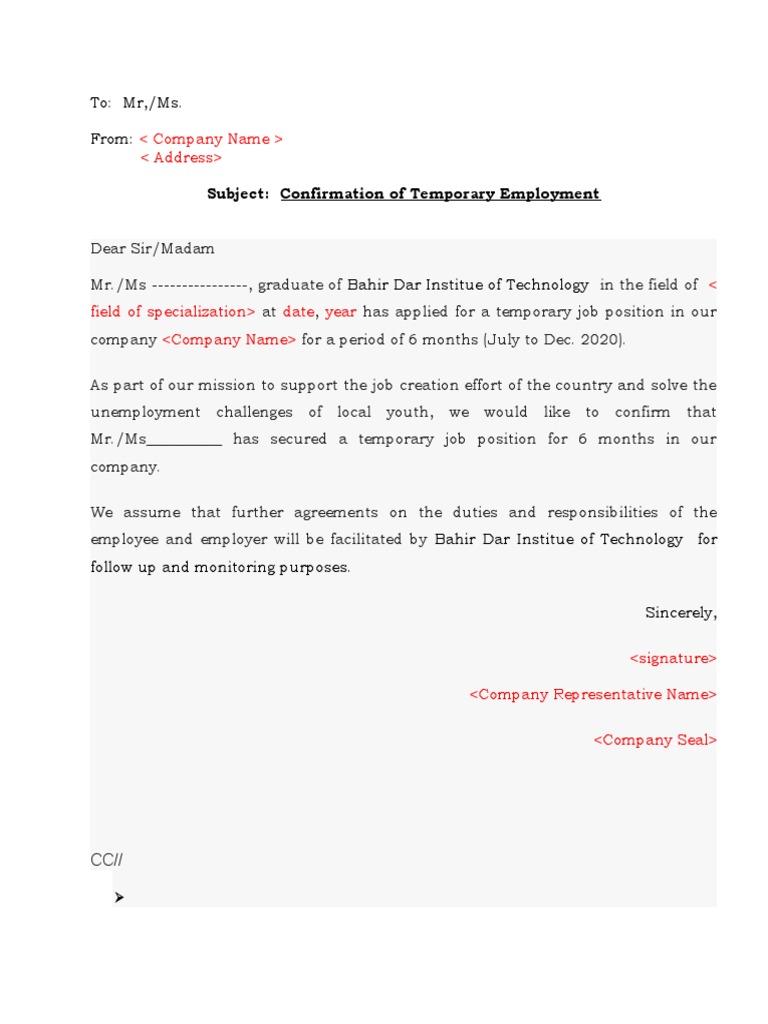 Sample Job Confirmation Letter | PDF