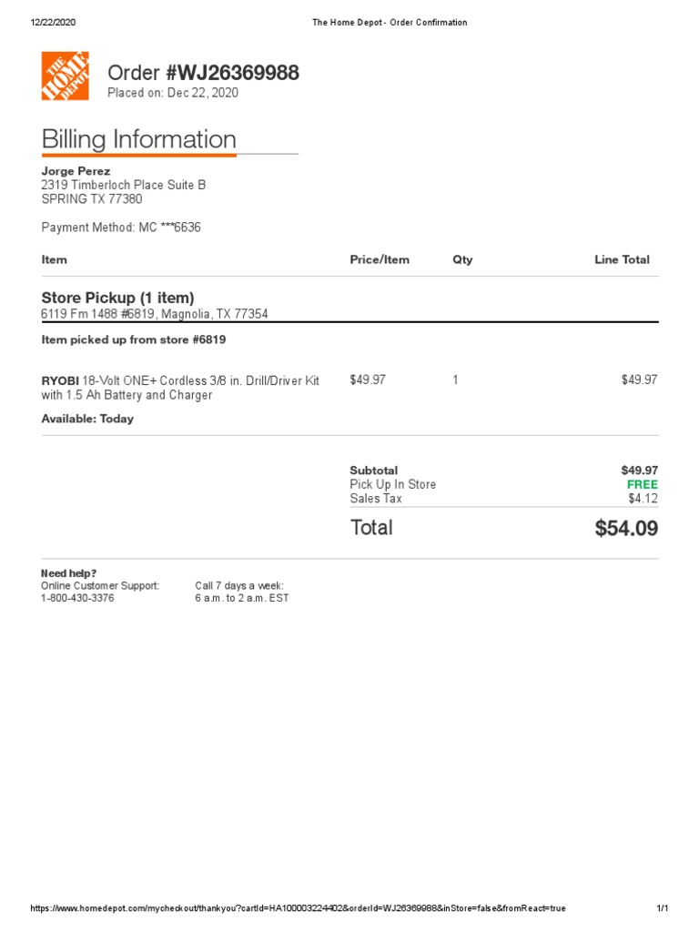 The Home Depot - Order Confirmation PDF | PDF