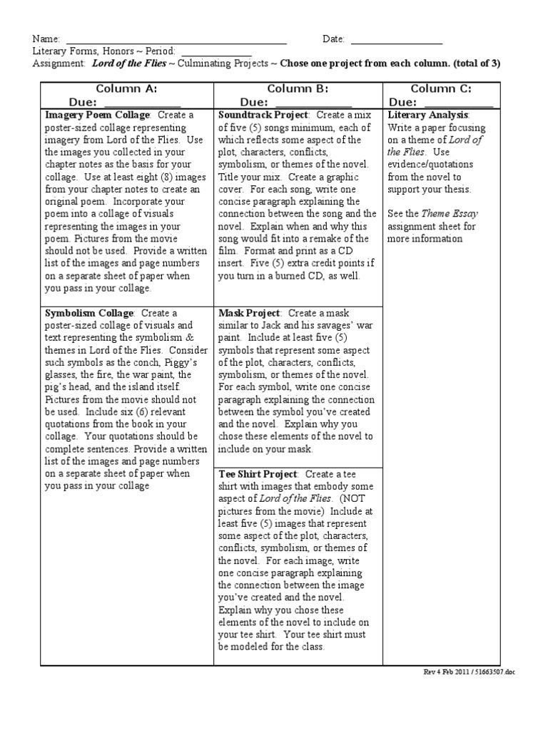 Lord of the Flies Culminating Projects: Choose One Project from Each ...
