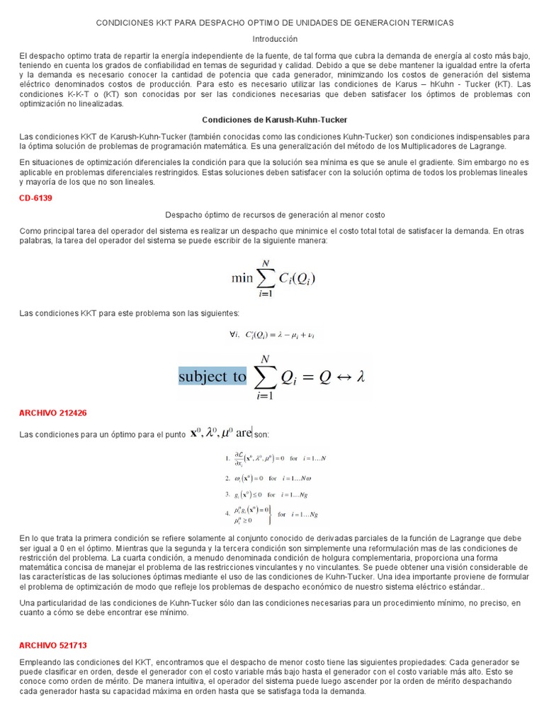 Despacho Óptimo con Condiciones KKT | PDF | Optimización Matemática | Enseñanza de matemática