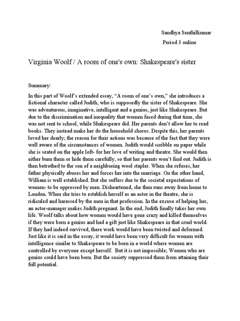 Woolf's Judith: The Tragedy of Genius | PDF | A Room Of One's Own | Gender