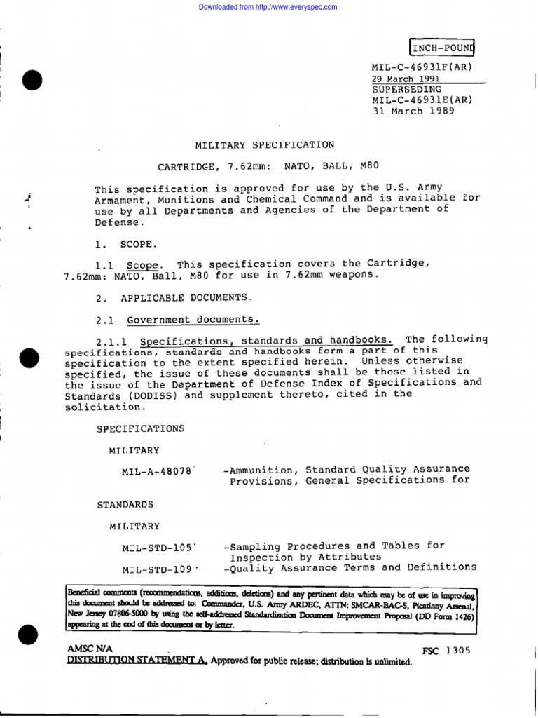 1989 Specs For M14 M80 Ball Ammo MIL-C-46931F | PDF | Cartridge ...
