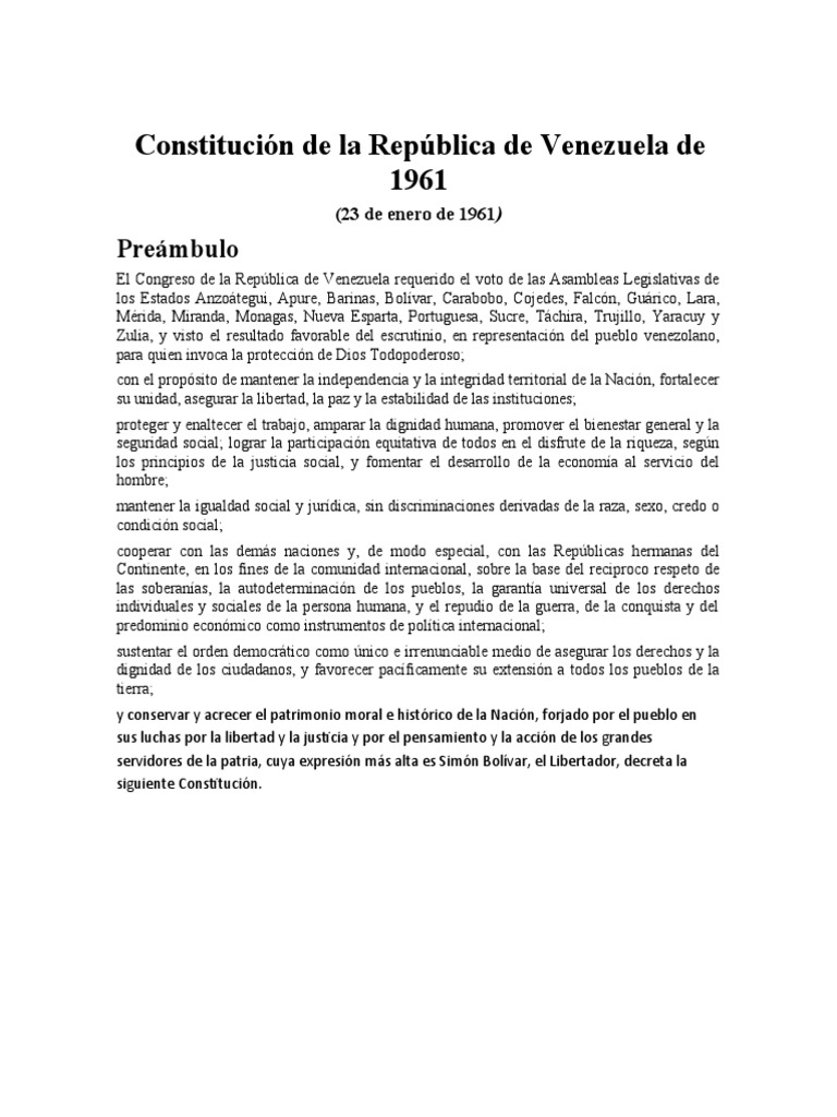Constitución de Venezuela 1961: Principios Clave | PDF