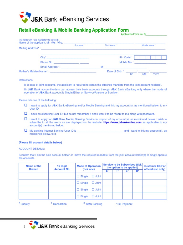 J&K Bank eBanking Application Form | PDF | Online Banking | Banks & Banking