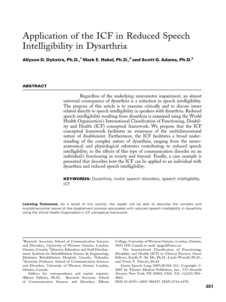 Application of The ICF in Reduced Speech Intelligibility in Dysarthria ...