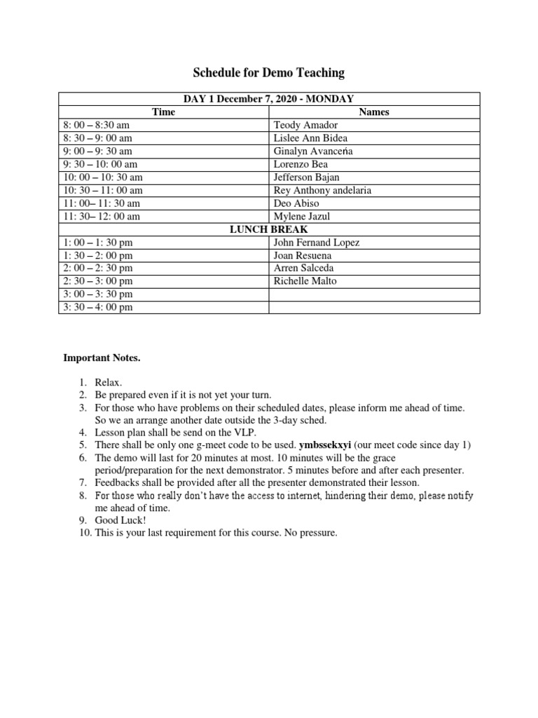 Demo Teaching Schedule - December 2020 | PDF | Art