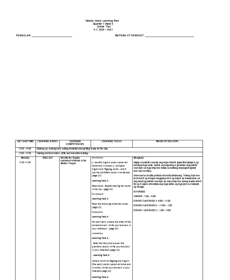 Weekly Home Learning Plan Quarter 1 Week 5 Grade Two S.Y. 2020 - 2021 ...