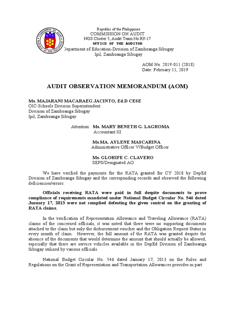 Audit Observation Memorandum (Aom) : NGS Cluster 5, Audit Team No.R9-17 ...