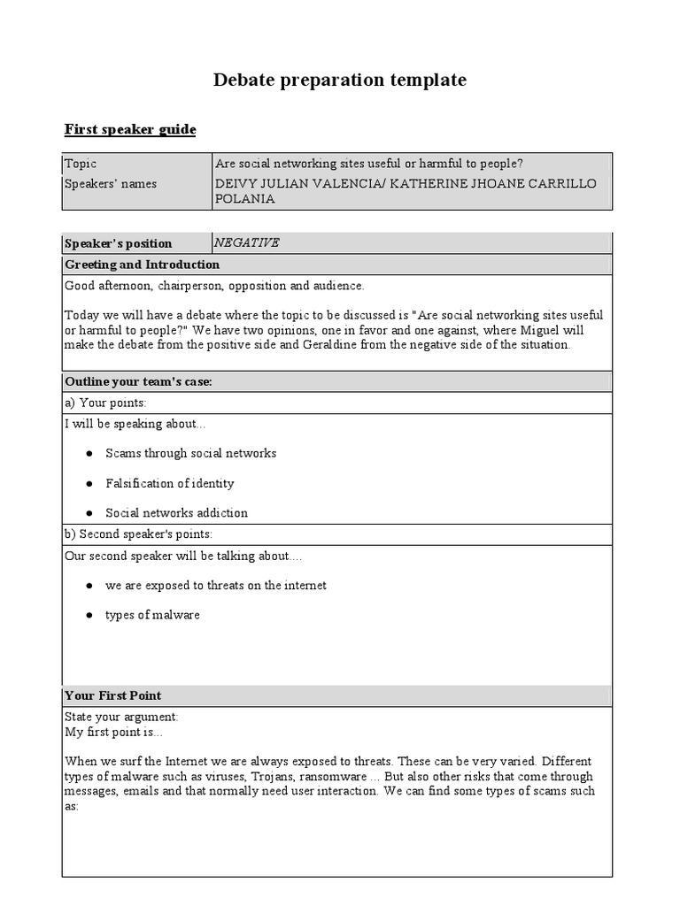 Debate Preparation Template: First Speaker Guide | PDF | Social ...