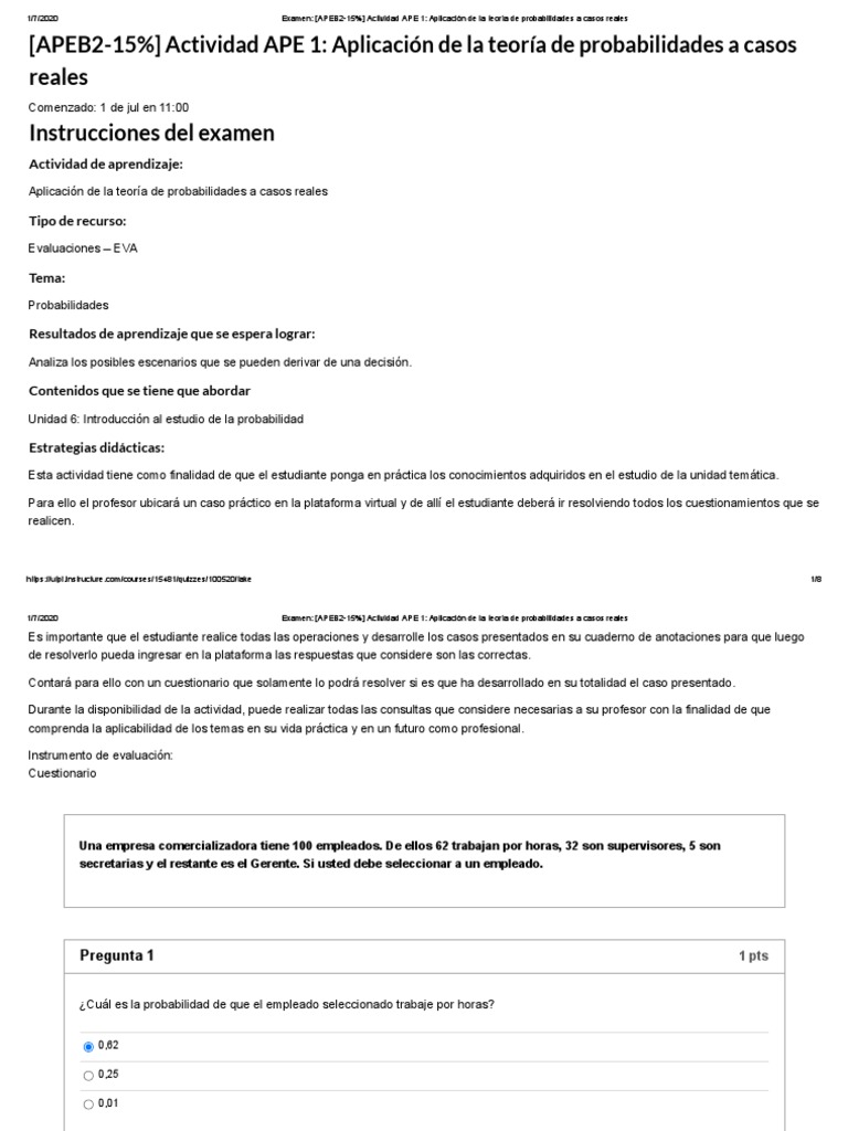 Actividad APE 1 - Aplicación de La Teoría de Probabilidades A Casos Reales | PDF | Prueba ...