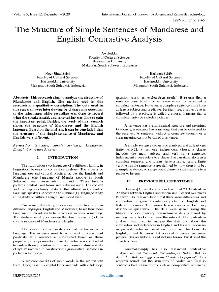 The Structure of Simple Sentences of Mandarese and English Contrastive ...