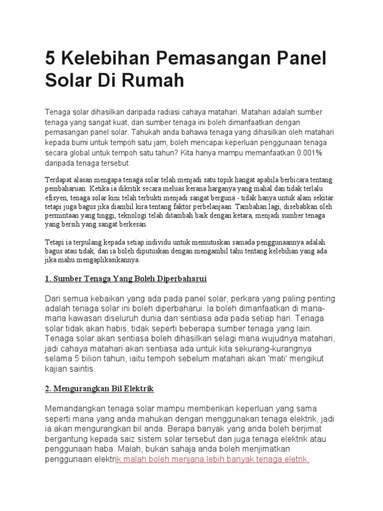 5 Kelebihan Pemasangan Panel Solar Di Rumah | PDF