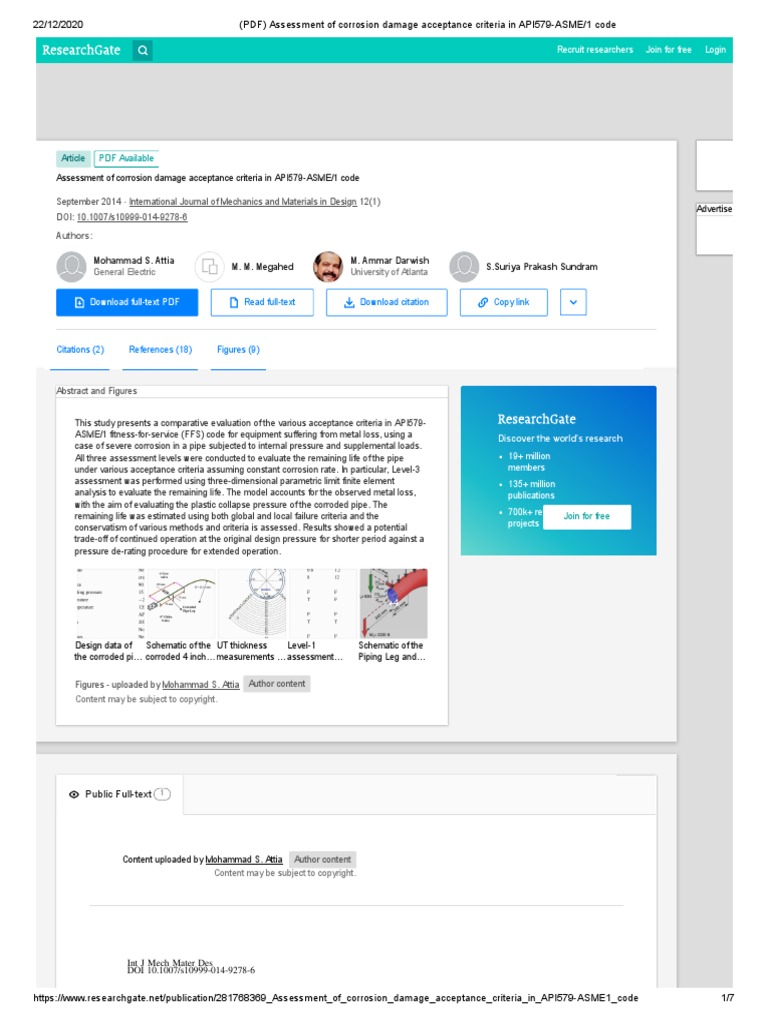 (PDF) Assessment of Corrosion Damage Acceptance Criteria in API579-ASME ...