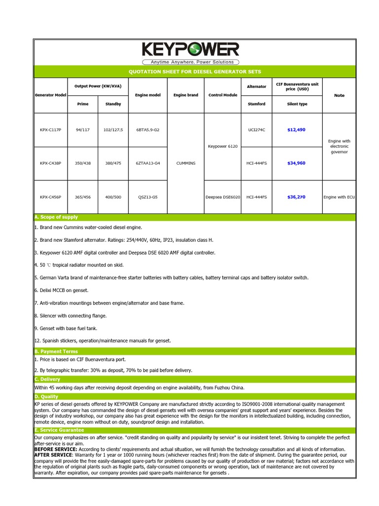 Quotation Sheet For Diesel Generator Sets | PDF | Electric Power ...