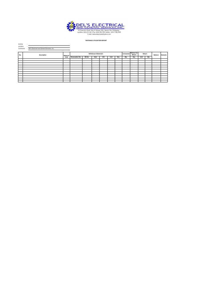 Materials Utilization Report: Activity: Location: Contractor: Del's ...