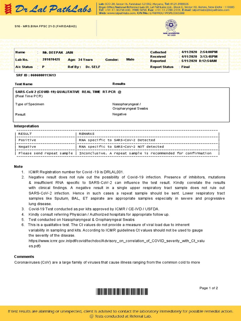Report on SARS-CoV-2 (COVID-19) Qualitative Real Time RT-PCR Test ...