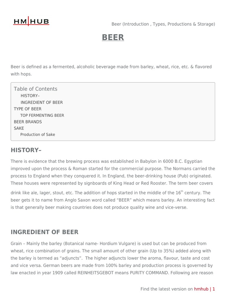 Beer (Introduction, Types, Productions & Storage) | PDF