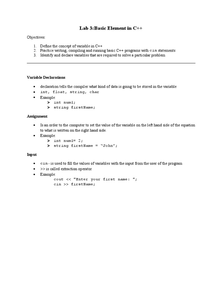 Lab 3basic Element In C Variable Declarations Pdf Body Mass Index Variable Computer 
