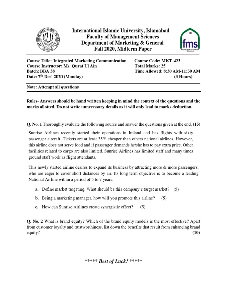 Qs Paper Integrated Marketing Communication Mid Term Exam Fall 2020 | PDF