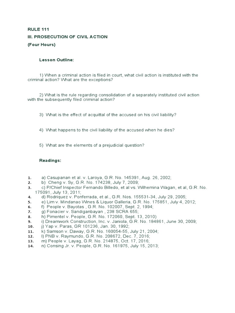 RULE 111 Iii. Prosecution of Civil Action (Four Hours) | PDF | Social ...