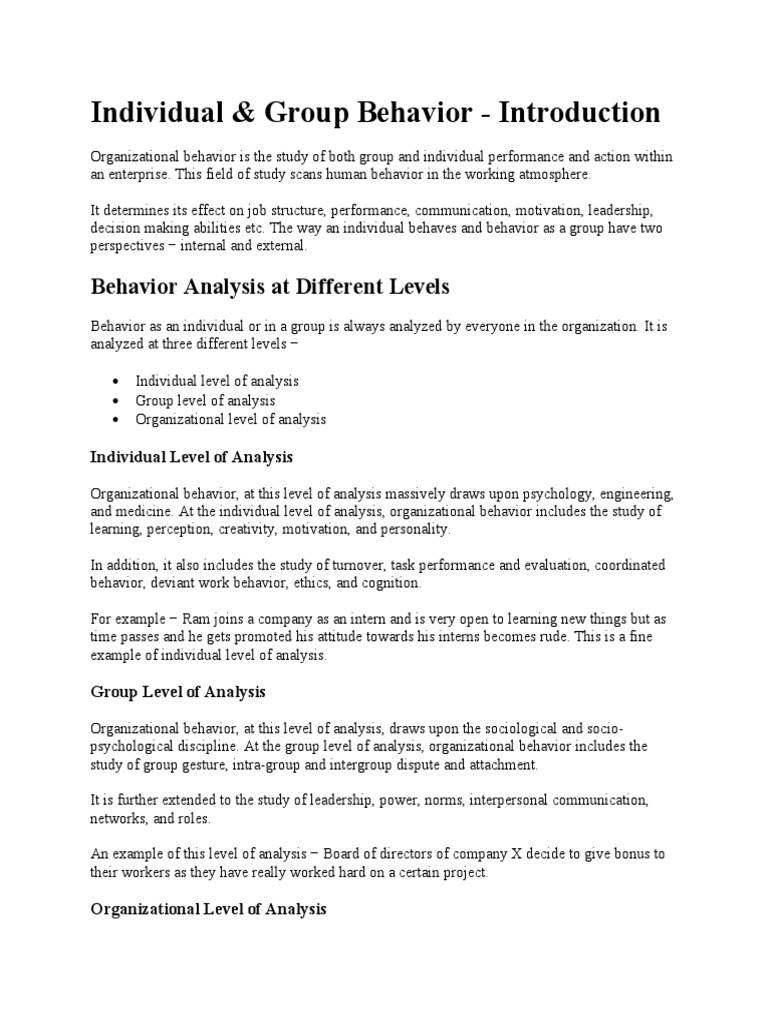 Individual & Group Behavior - Introduction: Behavior Analysis at ... Individual & Group Behavior - Introduction: Behavior Analysis at ...