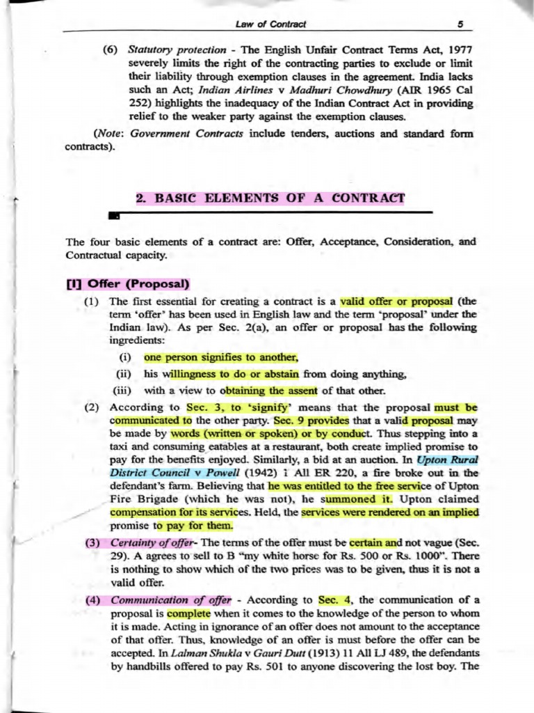 Basic Elements of A Contract | PDF | Offer And Acceptance | Consideration