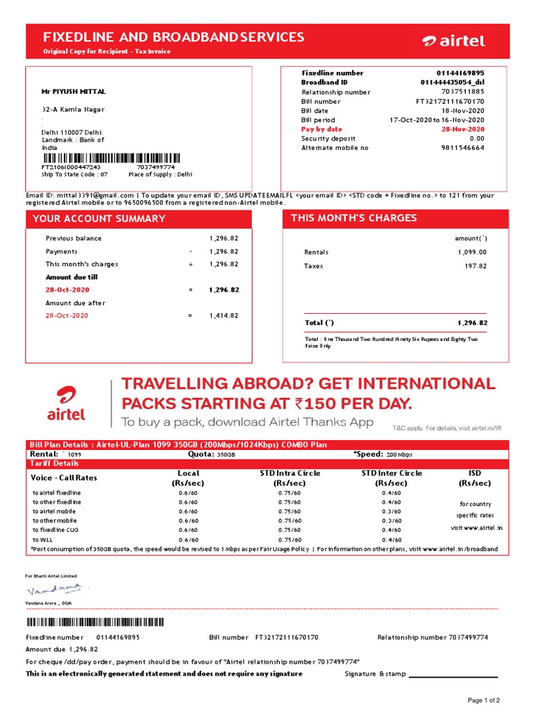 Airtel Bill For The Month of Nov'20 | PDF | Payments | Credit Card