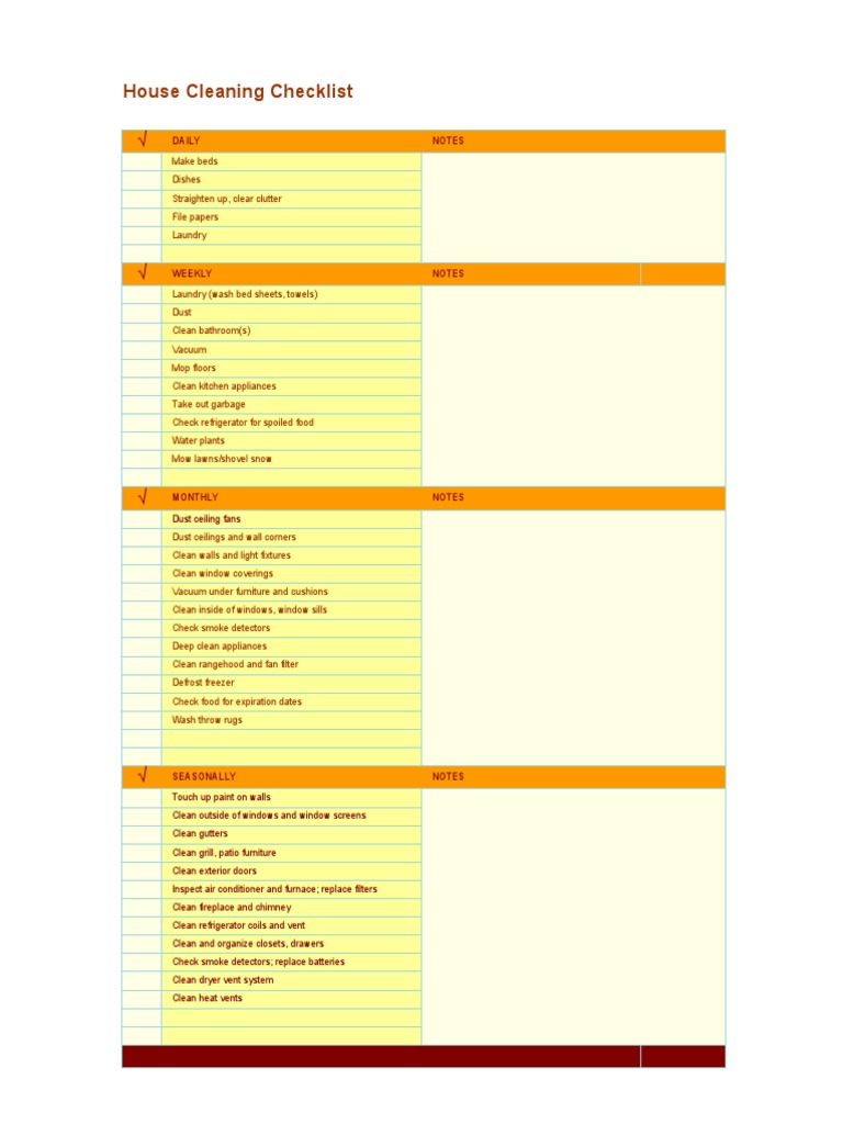 House Cleaning Checklist: Daily Notes | PDF