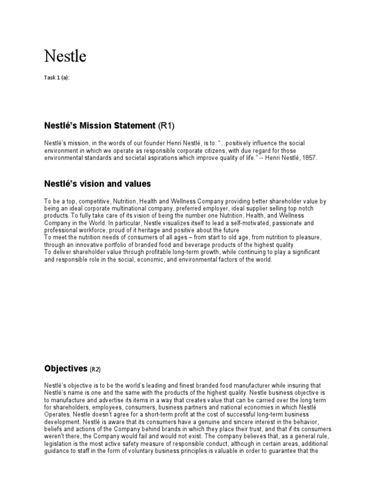 Nestle: Nestlé's Mission Statement (R1) | Download Free PDF | Nestlé ...