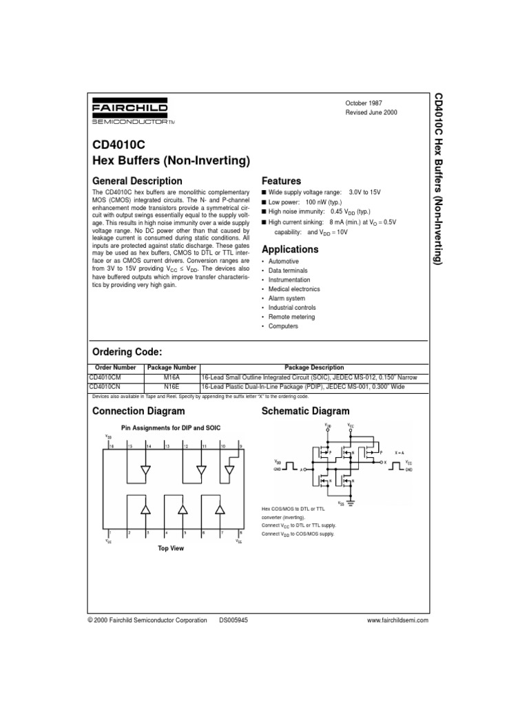 CD4010C Hex Buffers (Non-Inverting) : General Description Features | PDF | Cmos | Semiconductors