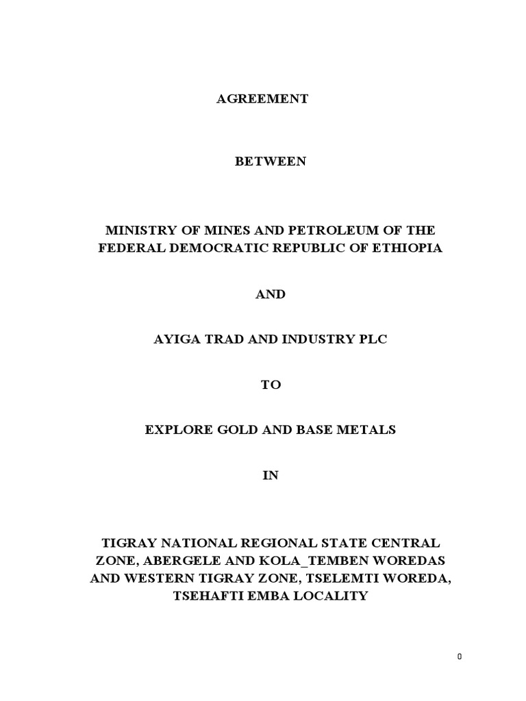 Ethiopia Mineral Exploration Agreement Sample | PDF | License | Landlord