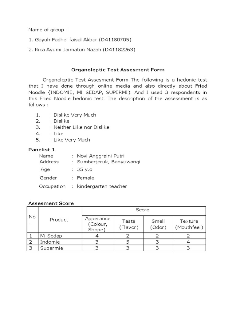 Organoleptic Test Assesment Form | Download Free PDF | Odor | Food Science