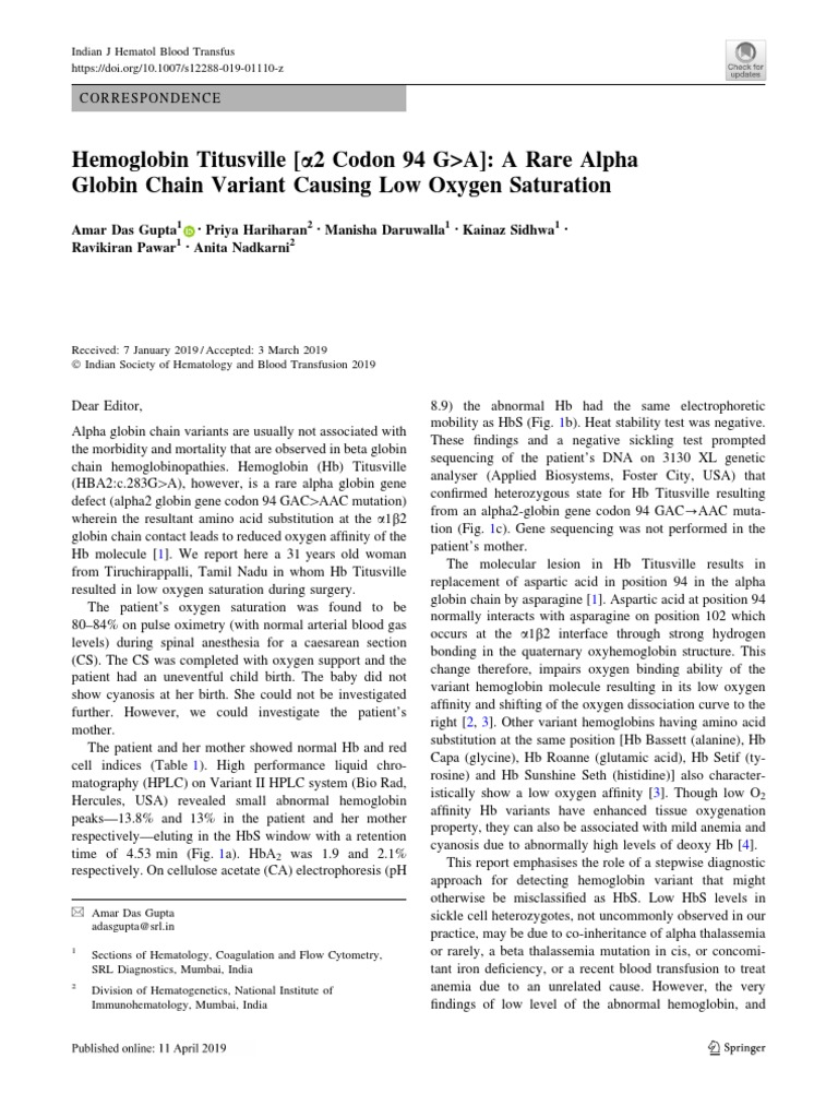 Hemoglobin Titusville (A2 Codon 94 G A) : A Rare Alpha Globin Chain ...