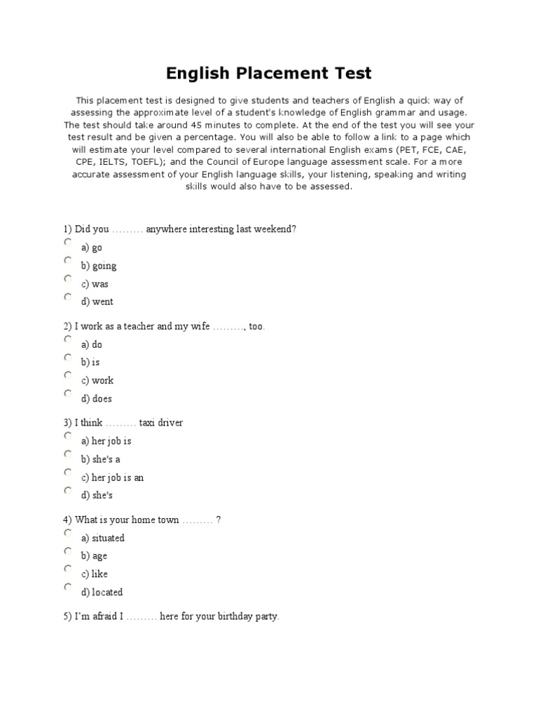 English Placement Test Overview | PDF | Art