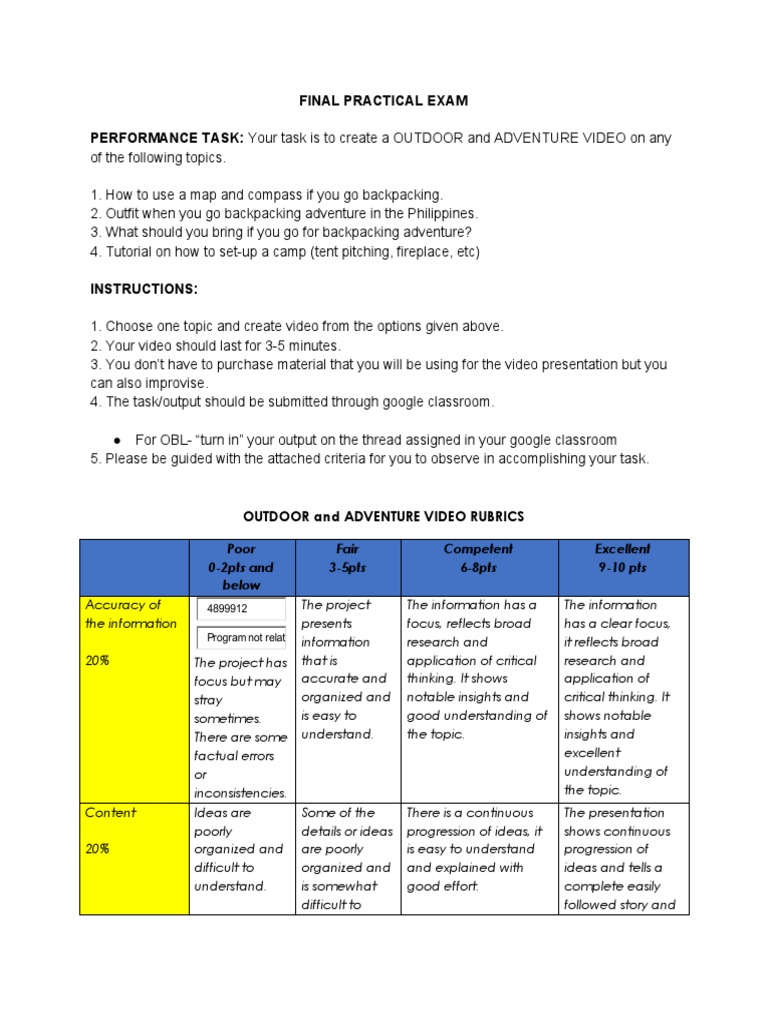 Final Practical Exam Performance Task:: Poor 0-2pts and Below Fair 3 ...