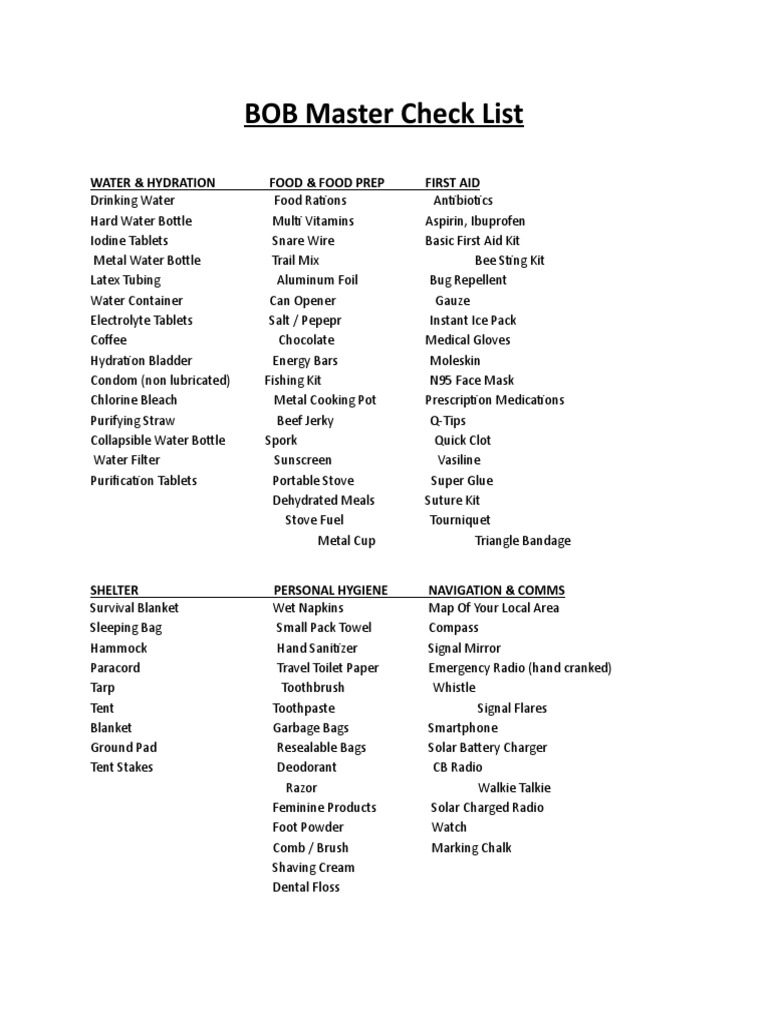 BOB Master Check List | PDF | Equipment | Clothing