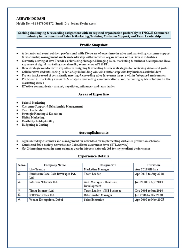 Resume Ashwin Dodani | PDF | Sales | Marketing