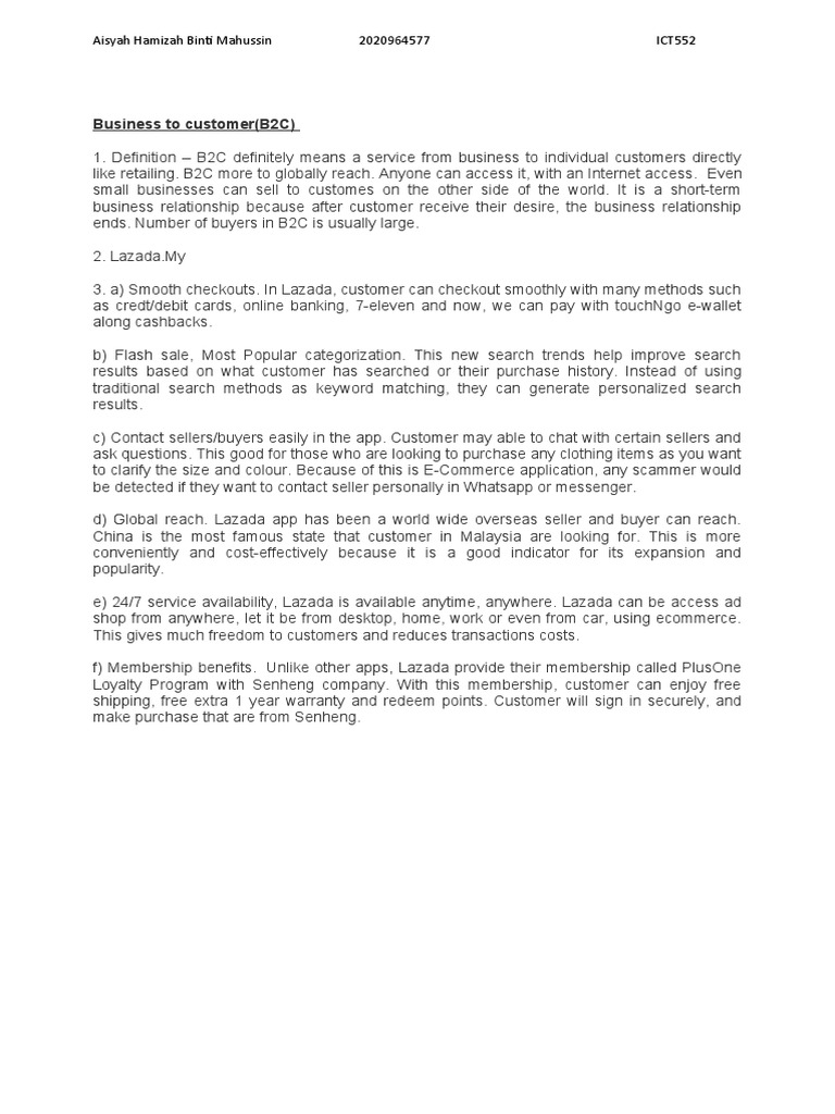 Business To Customer (B2C) : Aisyah Hamizah Binti Mahussin 2020964577 ICT552 | PDF