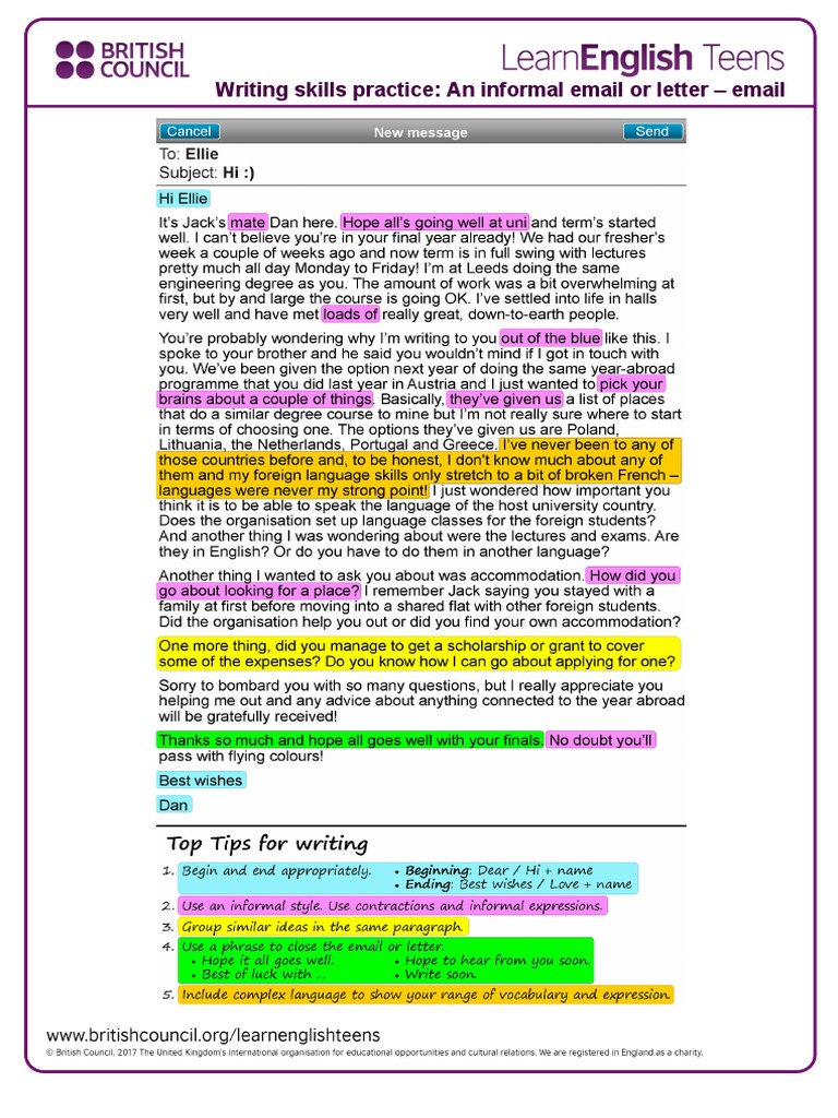 Writing Skills Practice: An Informal Email or Letter - Email | PDF