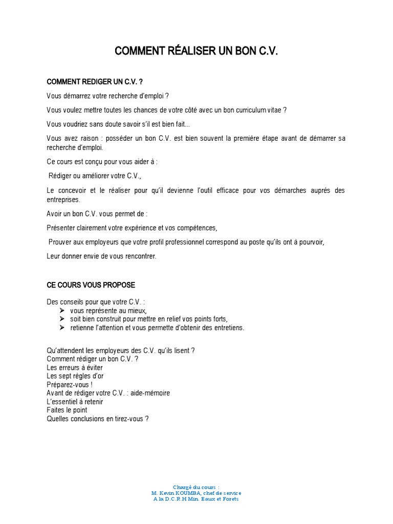 Rédiger un C.V. Efficace et Pertinent | PDF | Affaires | Finance et ...