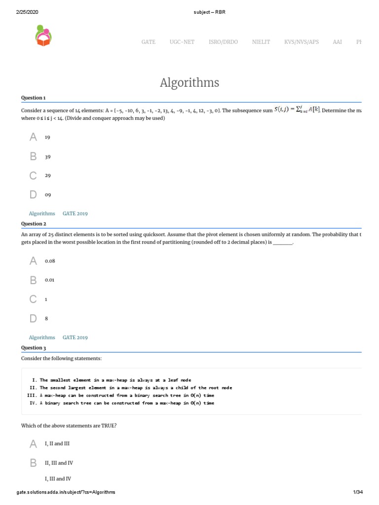 Algorithm Questions | PDF | Time Complexity | Mathematical Logic