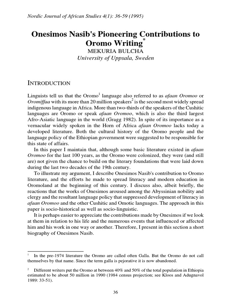 Onesimos Nasib's Pioneering Contributions To Oromo Writing: University ...