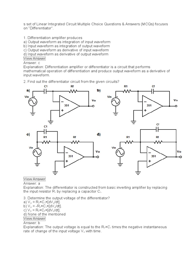 Integrators and Differentiators MCQs | PDF | Amplifier ...