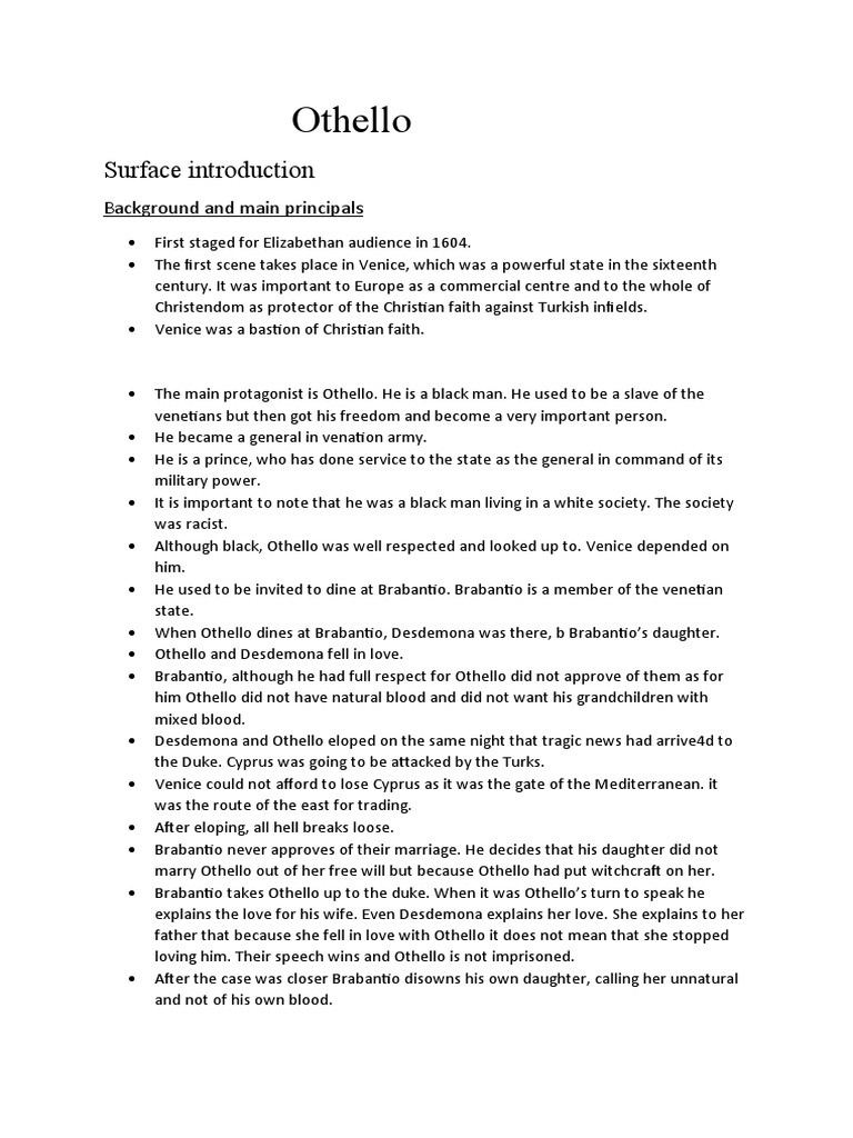 Othello Background Notes | PDF | Othello | Iago