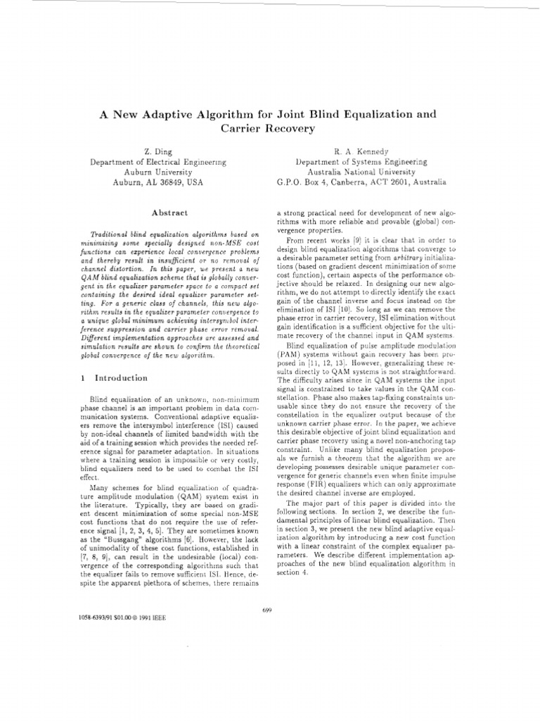 A New Adaptive Algorithm For Joint Blind Equalization And Carrier