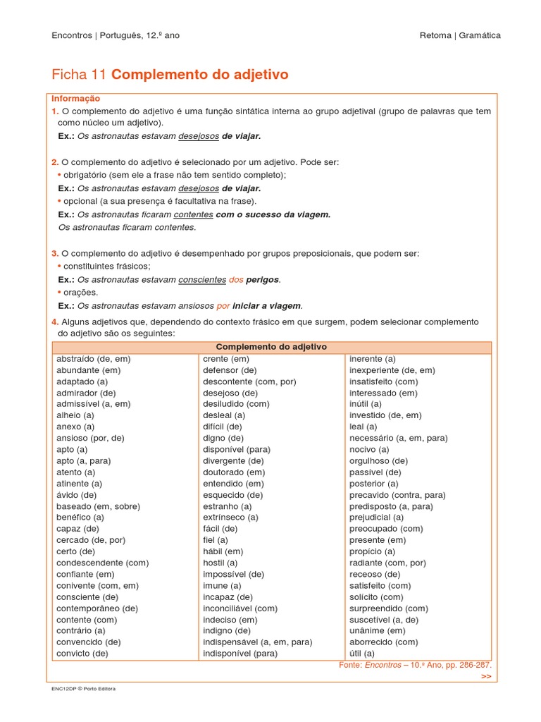 Enc12 Ret Gram Ficha 11 Complemento Do Adjetivo | PDF | Cães