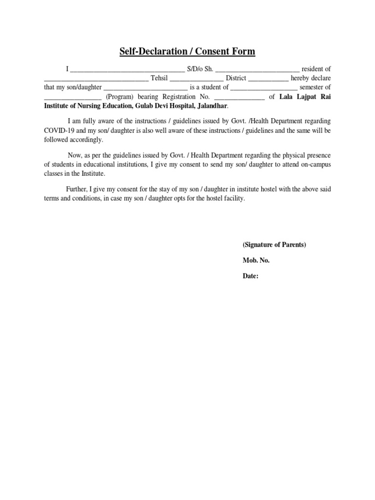 Self-Declaration / Consent Form: Institute of Nursing Education, Gulab ...