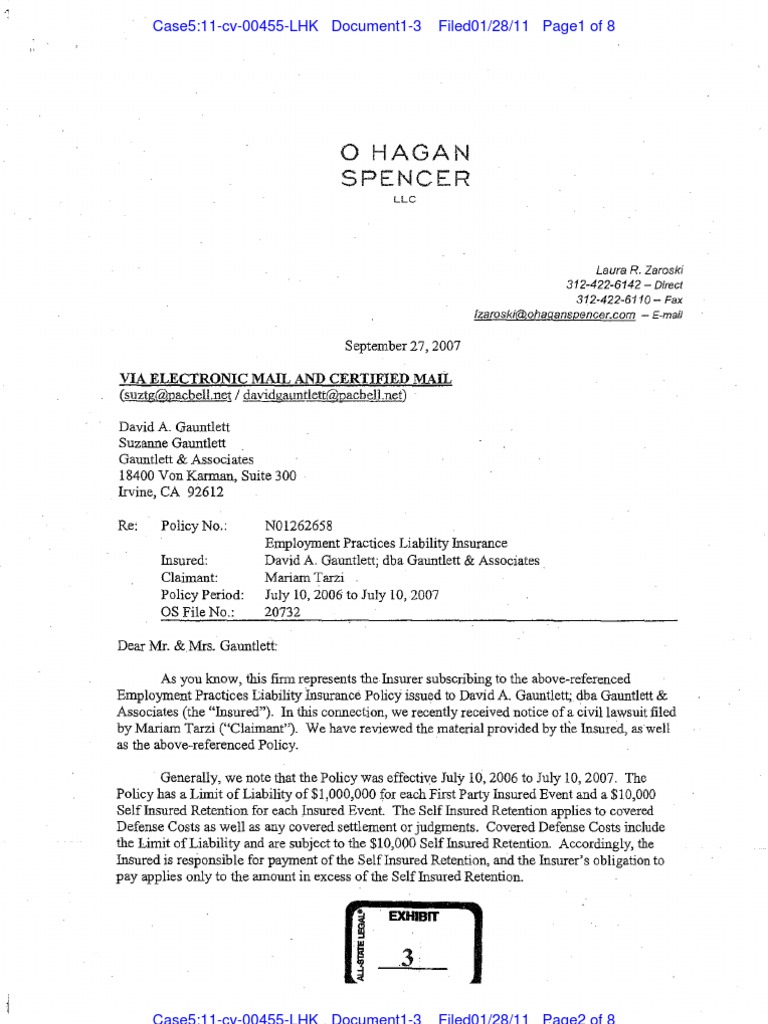 GAUNTLETT v. ILLINOIS UNION INSURANCE COMPANY IUIC Denial Letter | PDF ...
