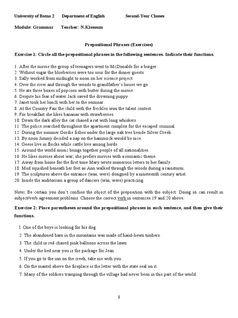 Prepositional Phrases Exercises for Students | PDF | Verb
