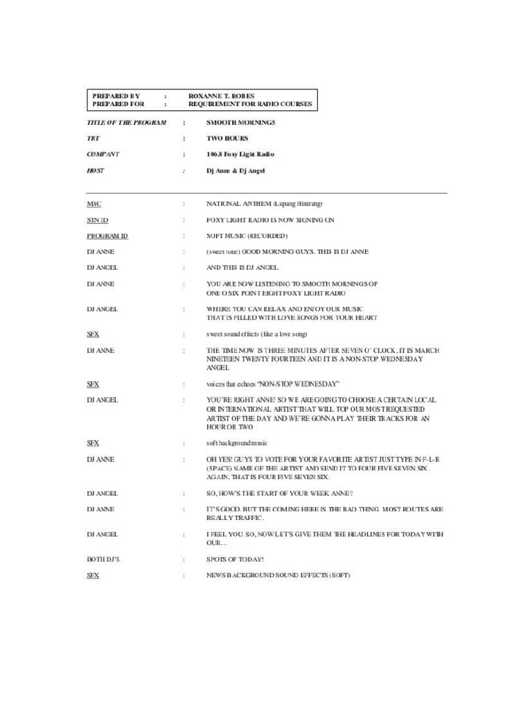 Radio Broadcasting Script Sample | PDF